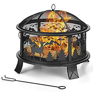 Giantex Wood Burning Fire Pit, 26 Inch Outdoor Firepit for Backyard, Garden and Patio Bonfires with Spark Screen, Poker and Built-in Wood Grate, Handy Handles, Portable Round Fire Pit