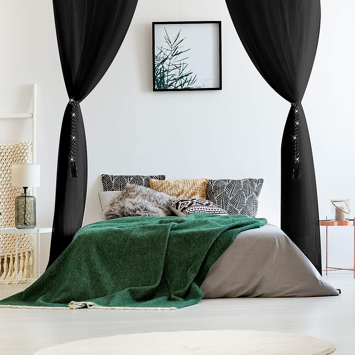 4 Corner Post Mosquito Net Canopy Bed Curtains Large Mosquito Netting Bedroom Princess Decoration Canopy Curtains with 4 Pieces Tassel Hanging Pendants for Full Queen King Size Bed (Black)