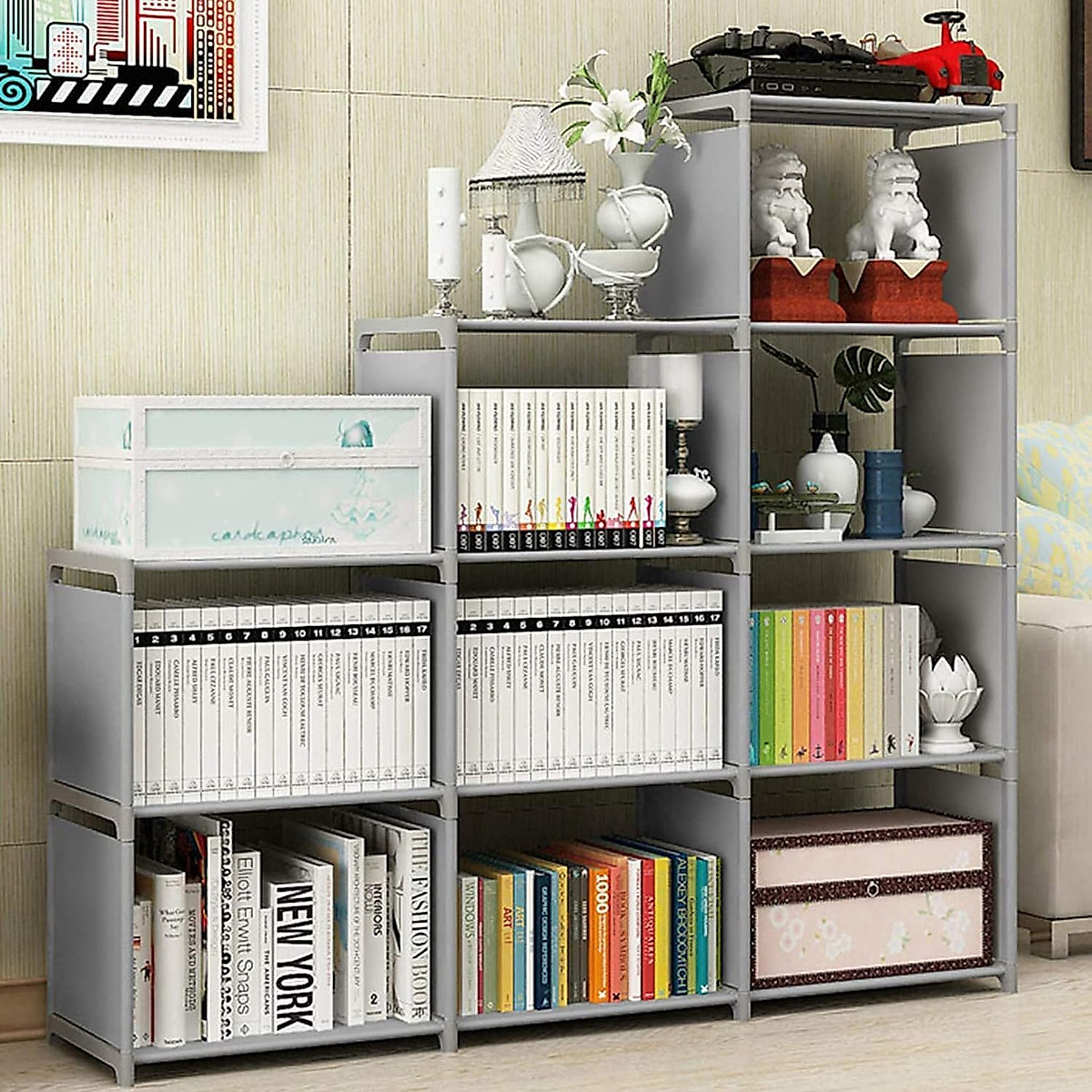 OPPSDECOR 9 Cube Bookshelf DIY Bookcase Adjustable Home Office Book Organizer Shelves Cabinet (Gray)