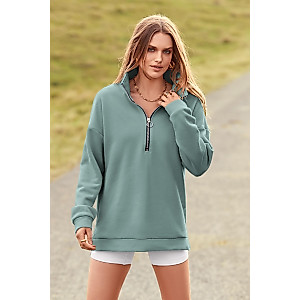 PRETTYGARDEN Women Causal 1/4 Zip PulloverLong Sleeve Collar Sweatshirts Solid Activewear Running Jacket (Green, Large)