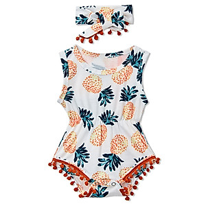 UNICOMIDEA Newborn Baby Sleeveless Bodysuit Infant Outfits Cutest Toddler Pineapple Rompers Sweet Cartoon Birthday Jumpsuit Short Sleeve Cute Jumper + Headband for Babe Wiggly Girl
