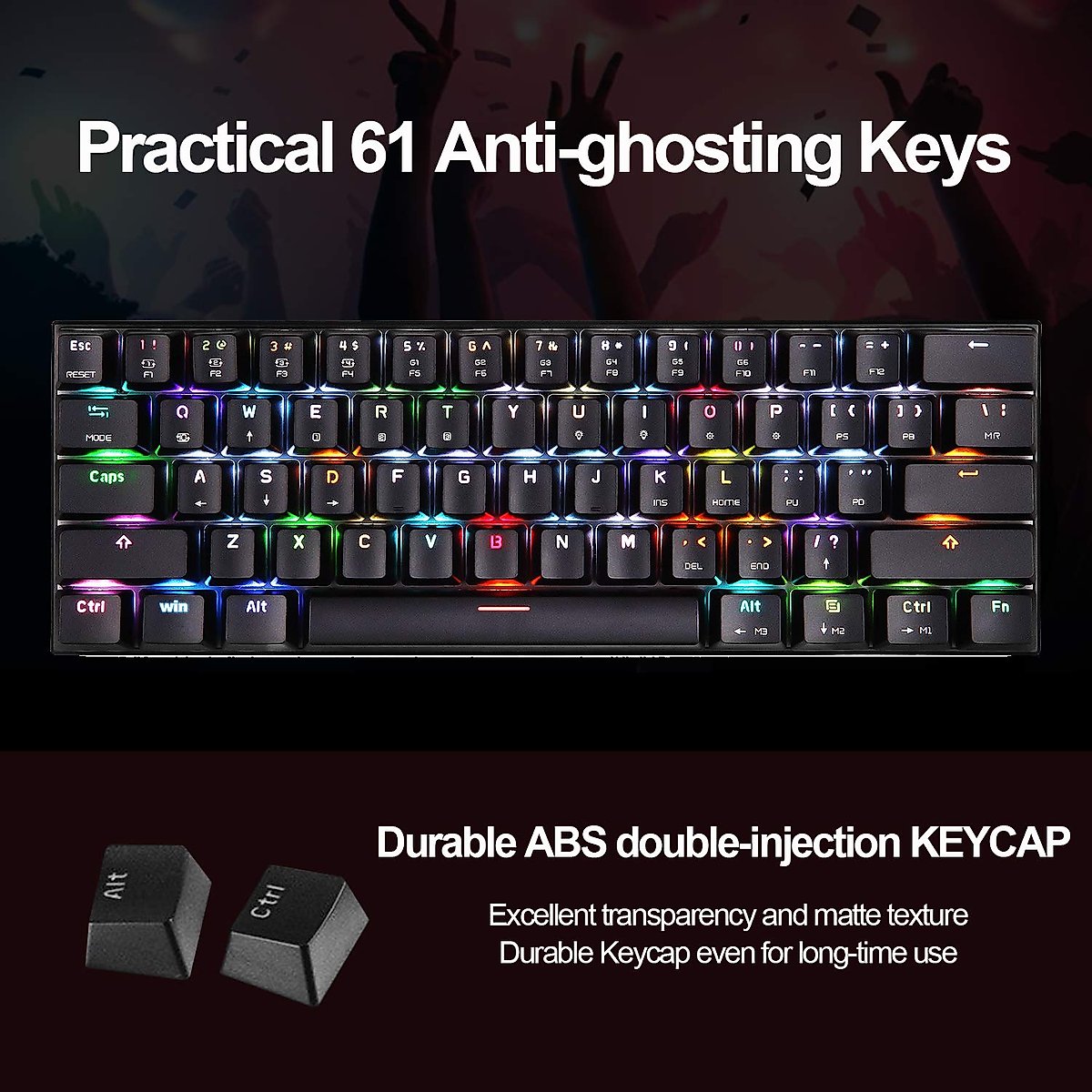 MOTOSPEED 60% Mechanical Keyboard Portable 61 Keys RGB LED Backlit Type-C USB Wired Office/Gaming Keyboard for Mac, Android, Windows（Red Switch）