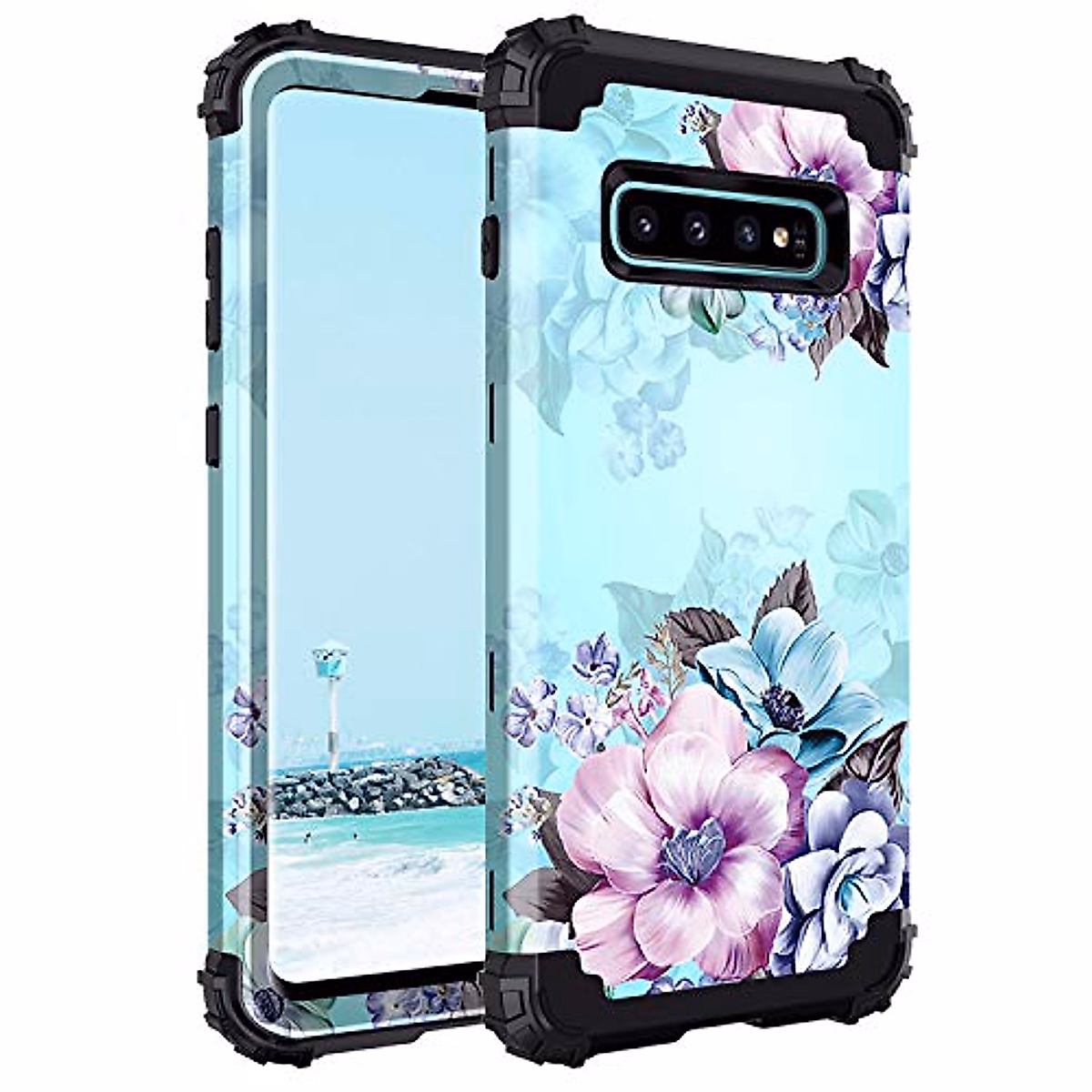 Casetego Compatible with Galaxy S10 Case,Floral Three Layer Heavy Duty Hybrid Sturdy Shockproof Full Body Protective Cover Case for Samsung Galaxy S10,Blue Flower