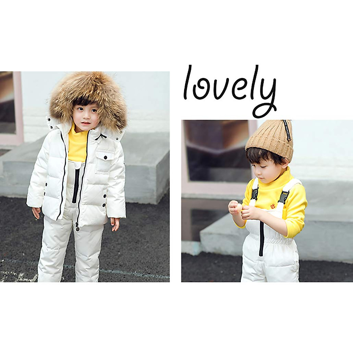 SANMIO Baby Boys Girls Two Piece Snowsuit, Toddler Winter Hooded Puffer Down Jacket Coat with Ski Bib