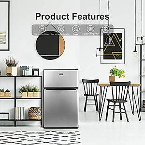 Walsh Compact Retro Refrigerator, Dual Door Mini Fridge, Energy Efficient, Adjustable Mechanical Thermostat with Freezer, Reversible Doors with leveling Front Legs, 3.1 Cu Ft, Stainless Steel