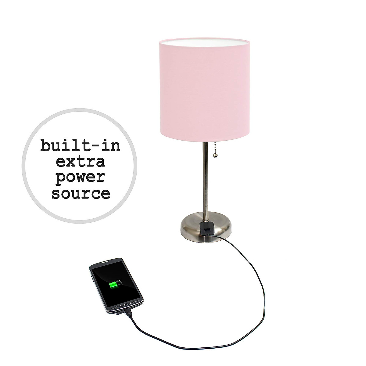 Simple Designs LT2024-LPK Brushed Steel Stick Table Desk Lamp with Charging Outlet and Drum Fabric Shade, Light Pink