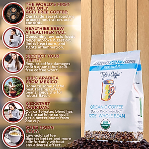 Tyler’s Acid Free Organic Whole Beans - 100% Arabica Full Flavor - Neutral pH - Caffeinated No Bitter Aftertaste - Gentle on Digestion, Reduce Acid Reflux - Protect Teeth - For Acid Free Diets- Natural and Organic Blend for Common GI Issues 12 oz