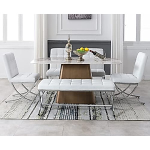 EALSON Modern Tufted Dining Chairs with Bench Set of 5 Leather Upholstered Dining Room Chairs with Chrome Metal Legs Mid Century Kitchen Chairs Armless Side Chairs for Dining Room Living Room, White