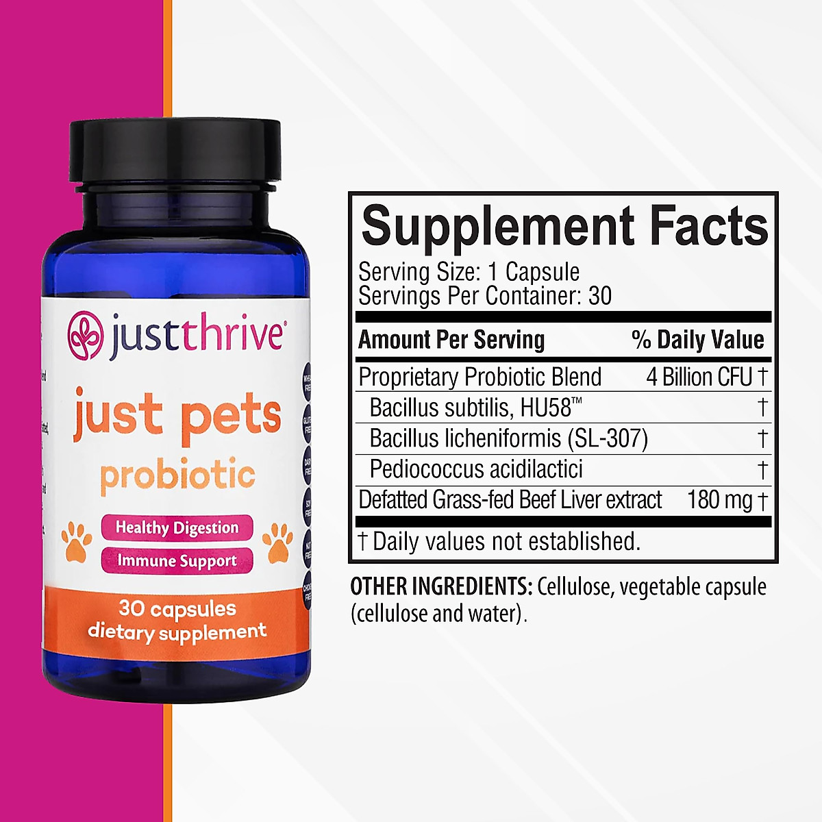 Just Thrive Just Pets Probiotic - Daily Digestive Probiotics for Dogs and Cats - 4 Billion CFUs Pet Probiotic, 30 Capsules
