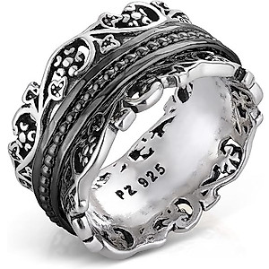 Paz Creations 925 Sterling Silver Spinner Ring/Fidget Ring/Anxiety Ring - 925 Sterling Silver Rings for Women, Stylish Boho Ring (Black Ruthenium, Size 9)
