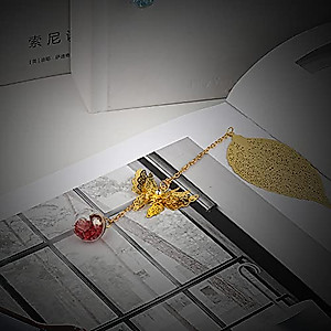 Metal Feather Bookmark,Vintage-Style Metal Feather Bookmark Gifts, Handmade 3D Butterfly and Dried Flower Bead Charms, A Suitable Gift for Women, Girls, Teacher and Readers. (Golden Feather Blue Ball)