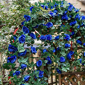 4 Pack (32FT) Artificial Rose Vine Fake Flowers Garland Hanging Silk Rose Ivy Plants Vine for Wedding Arch Party Garden Home Bedroom Office Wall Aesthetic Art Décor (Royal Blue)
