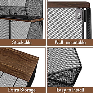 Stackable Fruit Basket for Kitchen Countertop Space Saving, Wall Mounted Mesh Metal Wire Baskets with Wood Lid Extra Storage, 2 Pack Kitchen Counter Organizer for Snack, Onion and Potato Storage