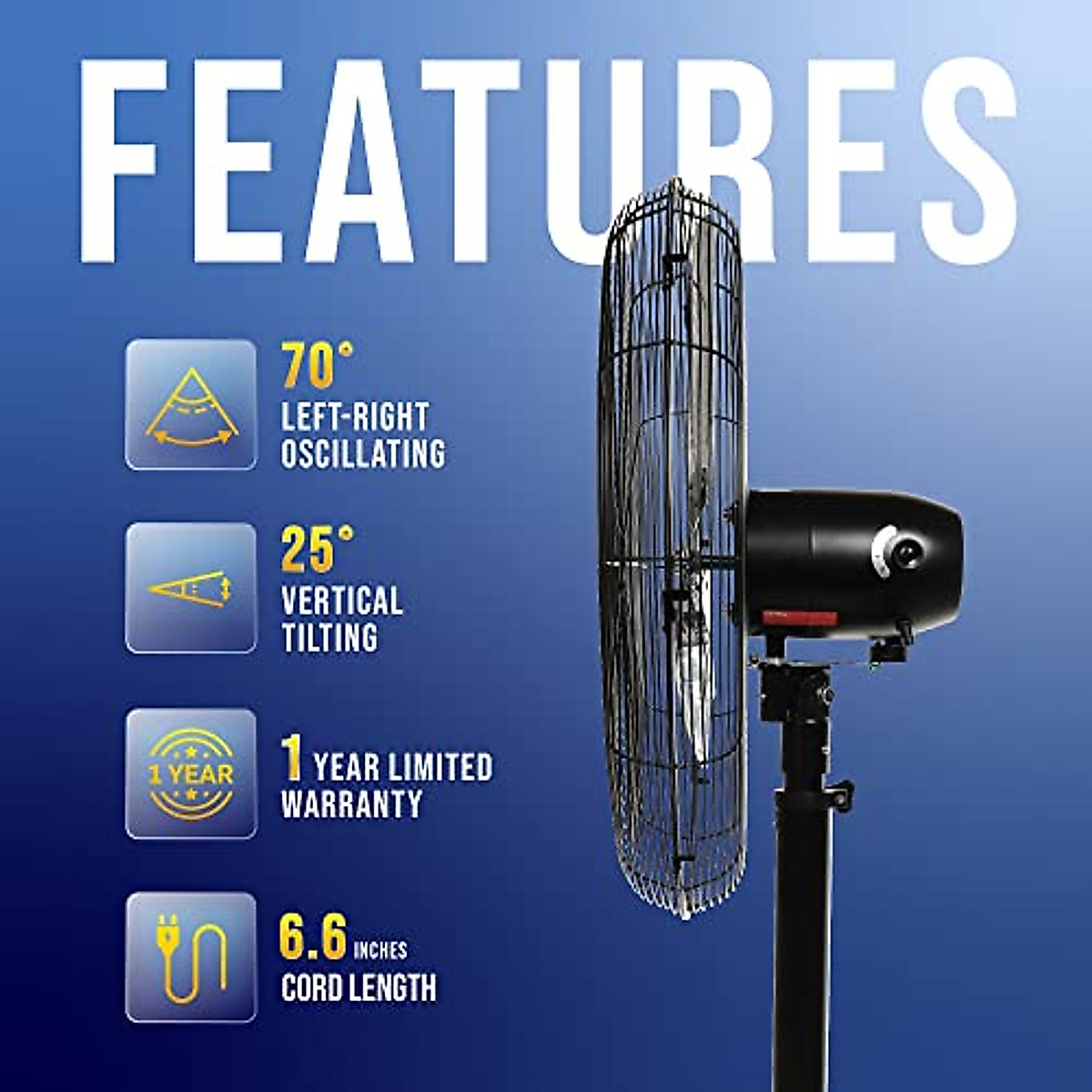 Tornado 24 Inch High Velocity Oscillating Metal Pedestal Fan Commercial, Industrial Use 3 Speed 7600 CFM 1/4 HP 6.6 FT Cord UL Safety Listed