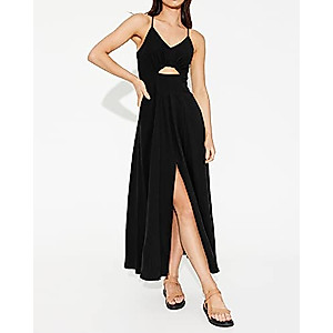 BTFBM Women 2023 Summer Spaghetti Strap Dress Sleeveless V Neck Cutout Slit Casual Beach Party Maxi Dresses with Pockets(Solid Black, X-Large)