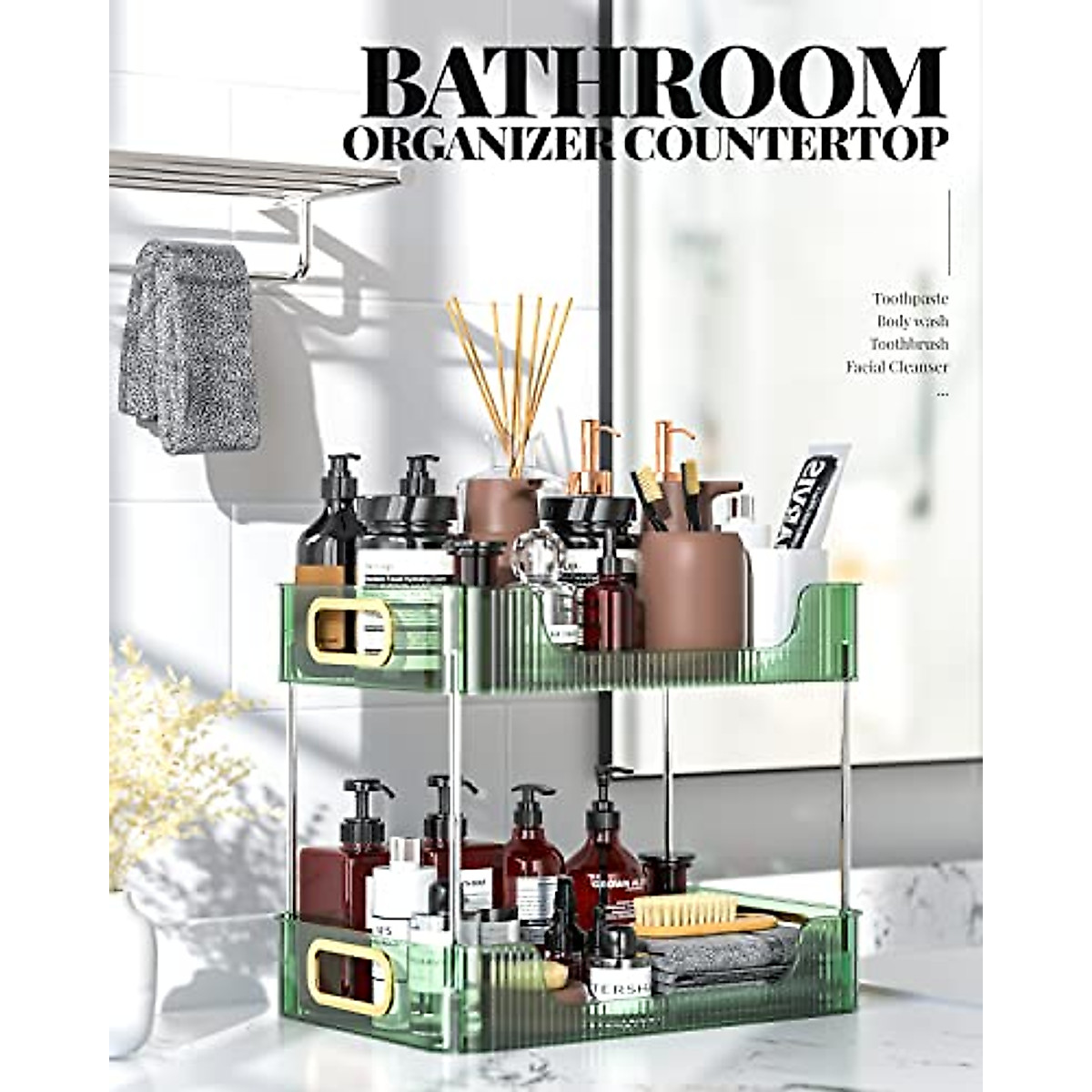 Lexvss Bathroom Organizer Countertop, Clear Makeup Desk Organzier for Dressing Table, Vanity Countertop, Bathroom Counter, 2-Tier Vanity Tray Shelf for Cosmetic, Lotions, Perfume and Toiletries