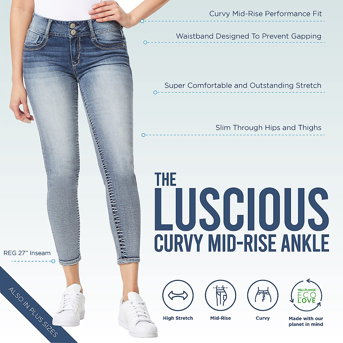 WallFlower Women's Luscious Curvy Ankle Mid-Rise Insta Stretch Juniors Jeans (Standard and Plus), Camille, 9