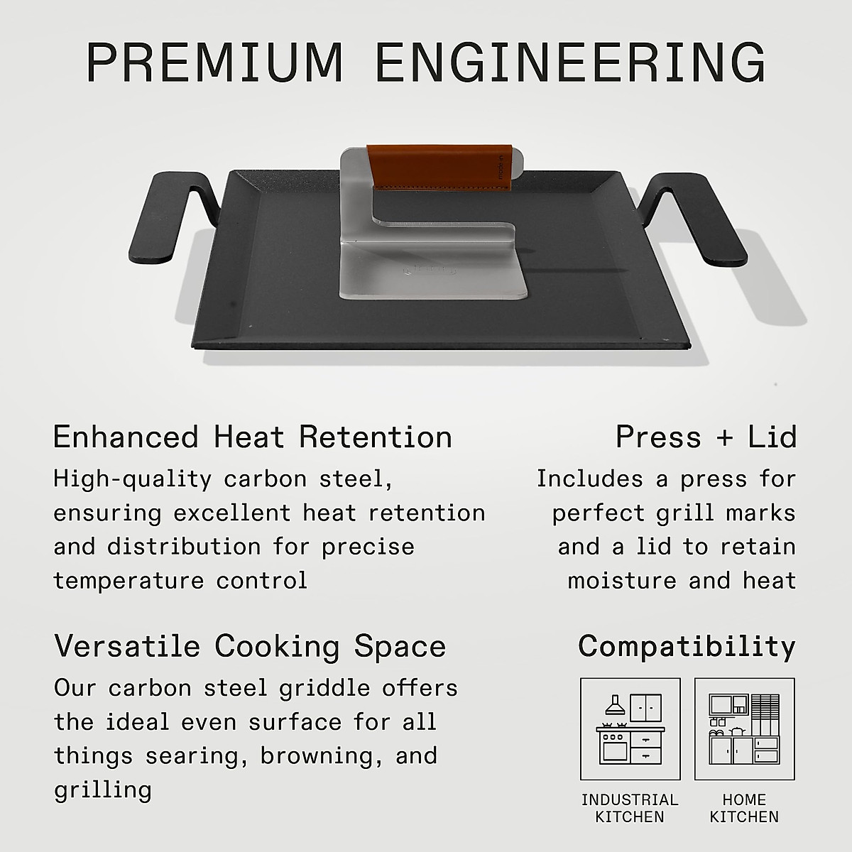 Made In Cookware - Carbon Steel Half Griddle + Grill Press - (Like Cast Iron, but Better) - Professional Cookware - Crafted in Sweden - Induction Compatible