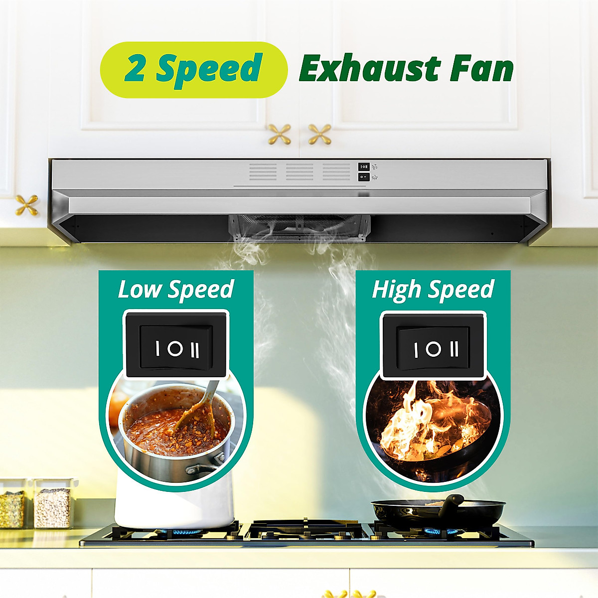 FIREGAS Range Hood 36 inch Under Cabinet, Ducted/Ductless Convertible Kitchen Hood, Stainless Steel Vent Hood with LED Light,2 Speed Exhaust Fan, Silver