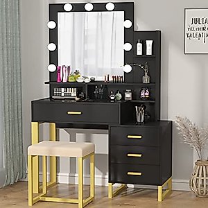 PAKASEPT Vanity Set with Lighted Mirror, Makeup Vanity Dressing Table with LED Light, Drawers, Storage Shelves and Cushioned Stool, Small Vanity Desk for Bedroom (Black, 39.4"Lx15.7"Wx63"H)