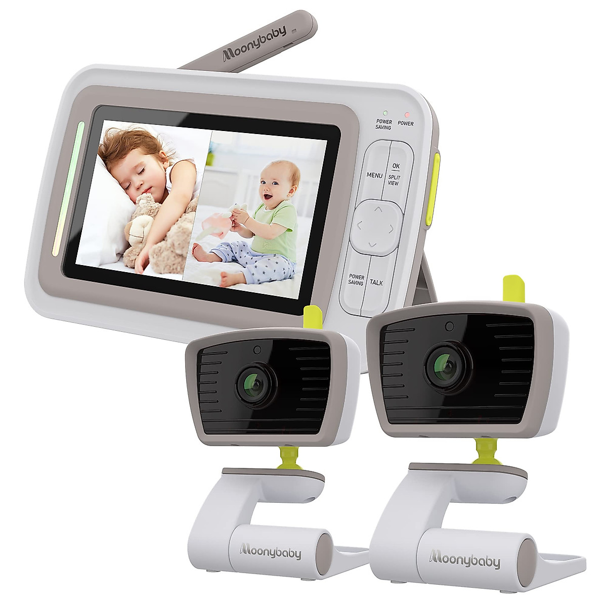 Moonybaby Split Screen Baby Monitor with 2 Cameras and Audio, Model: Split 30, No WiFi, Extended 12hrs Battery Life, Wide View, Long Range, Auto Night Vision, 4.3" Large Screen, Lullaby, 2-Way Audio