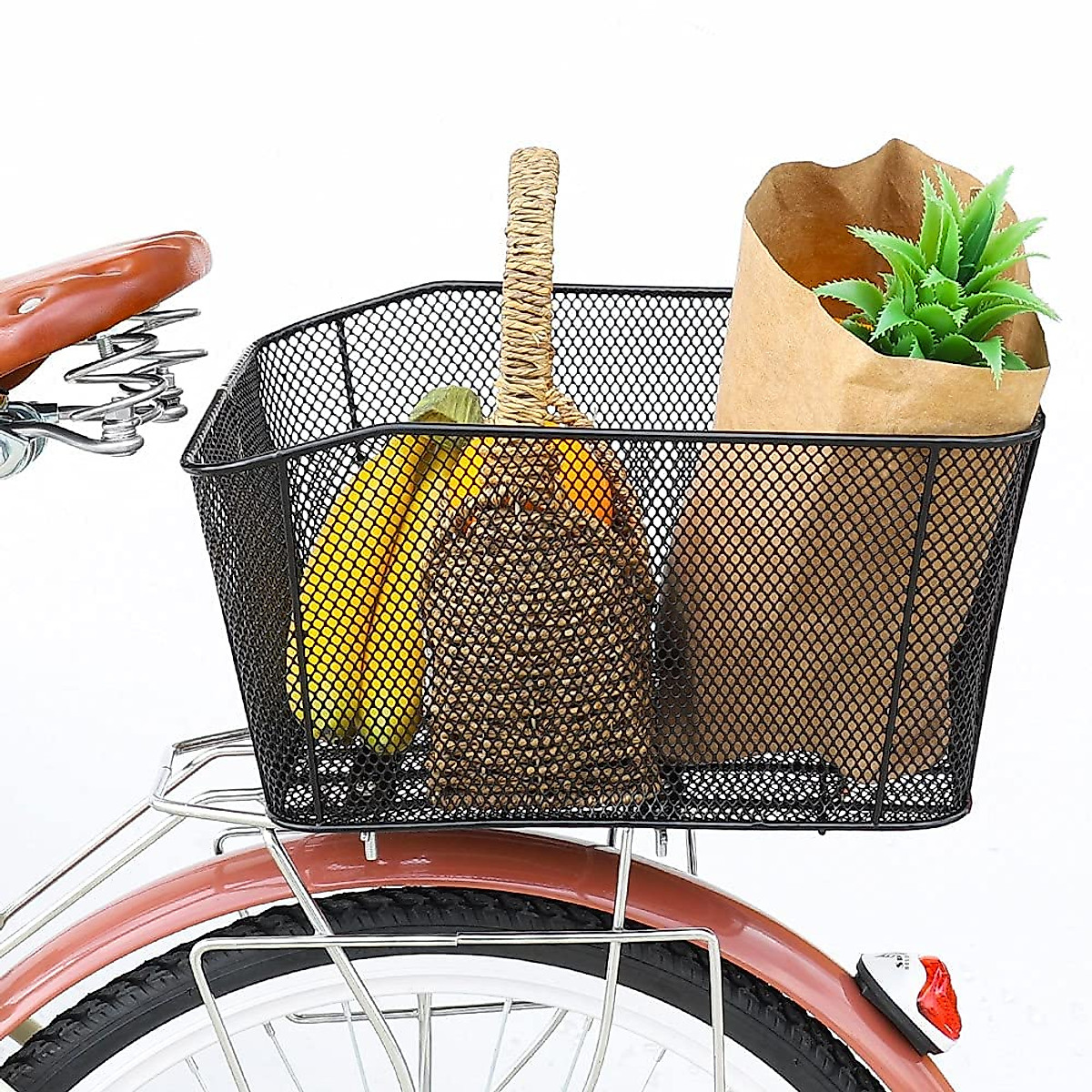 ANZOME Rear Bike Basket - Heavy-Duty Iron Wire Bicycle Cargo Rack with Reflective Waterproof Cover