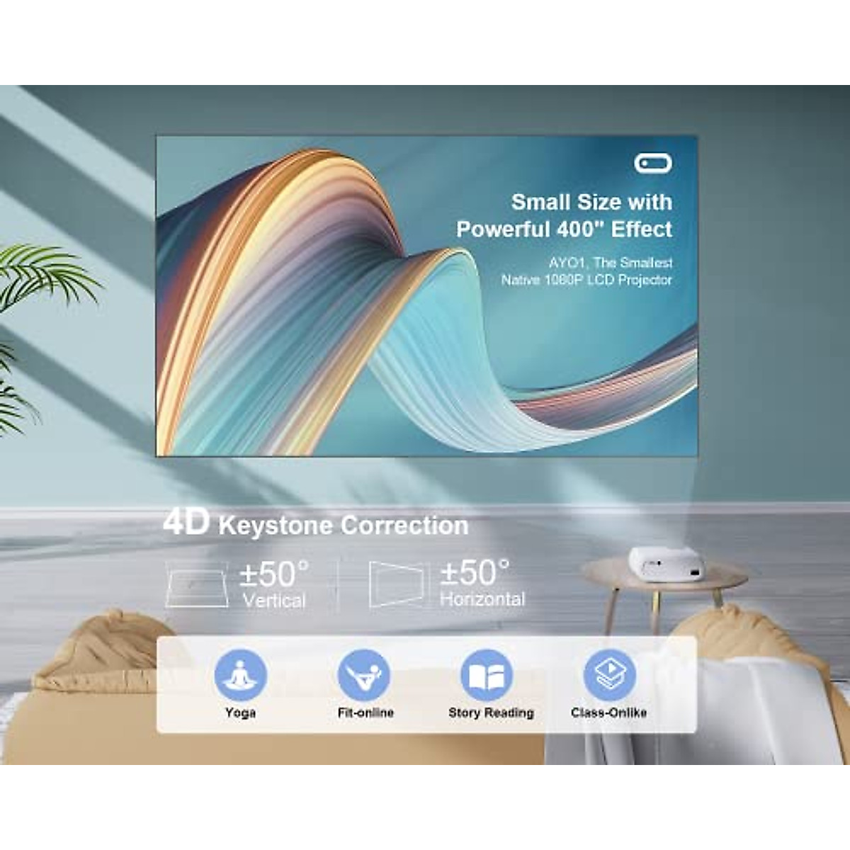 Projector with 5G WiFi and Bluetooth: 460 ANSI Outdoor Projector-4K Support 15000L 400" Native 1080P ONOAYO, ±50°4D Auto-V Keystone & Zoom Sealed Home Movie Portable Mini Projector for Phone, PC