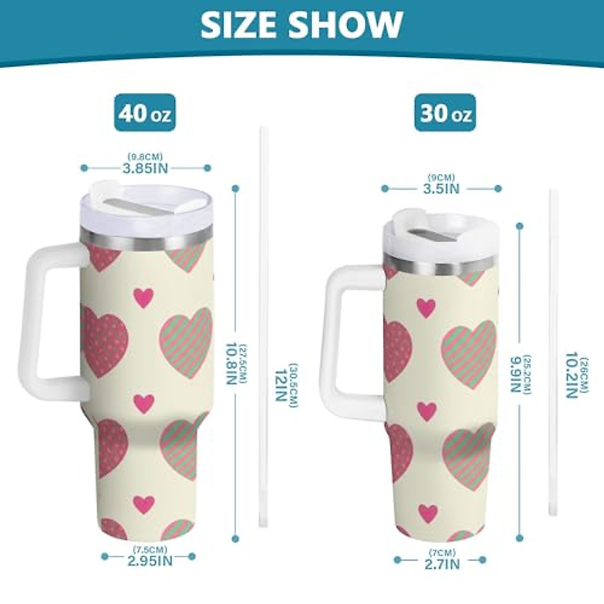 ODAWA 40oz Valentine's Heart Beige Insulated Stainless Steel Tumbler with Handle and Straw Lid Fall Insulated Tumbler