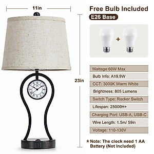 Luvkczc Vintage Clock Lamp, Black Metal with USB Charging Ports, LED Bulbs Included, 3-Year Warranty