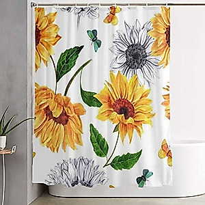 Sunflower Shower Curtain Sets with Non-Slip Rugs,Toilet Lid Cover Carpet and Bath Mat,Flowers Shower Curtains with 12 Hooks,Durable Waterproof for Bathroom Decor