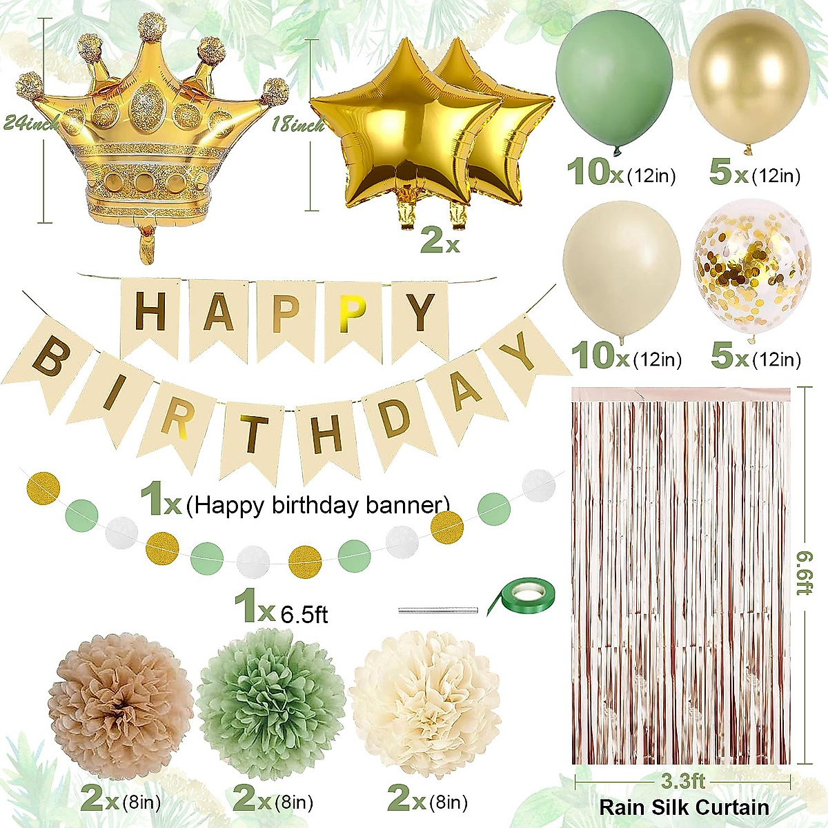 Sage Green Gold Birthday Party Decorations with Happy Birthday Banner,Fringe Curtain ,Paper PomPom,Crown Foil Balloon,Circle Dots Garland,Tassel Garland,Sand White Birthday Balloons for Women Girls