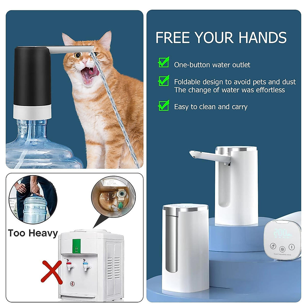 FEERNICH Water Dispenser for 5 Gallon Bottle，Universal Automatic Portable Water Bottle Pump Foldable Electric Drinking Water Pump 1200mAh USB Charging Suitable to Home Office Camp Travel （White）