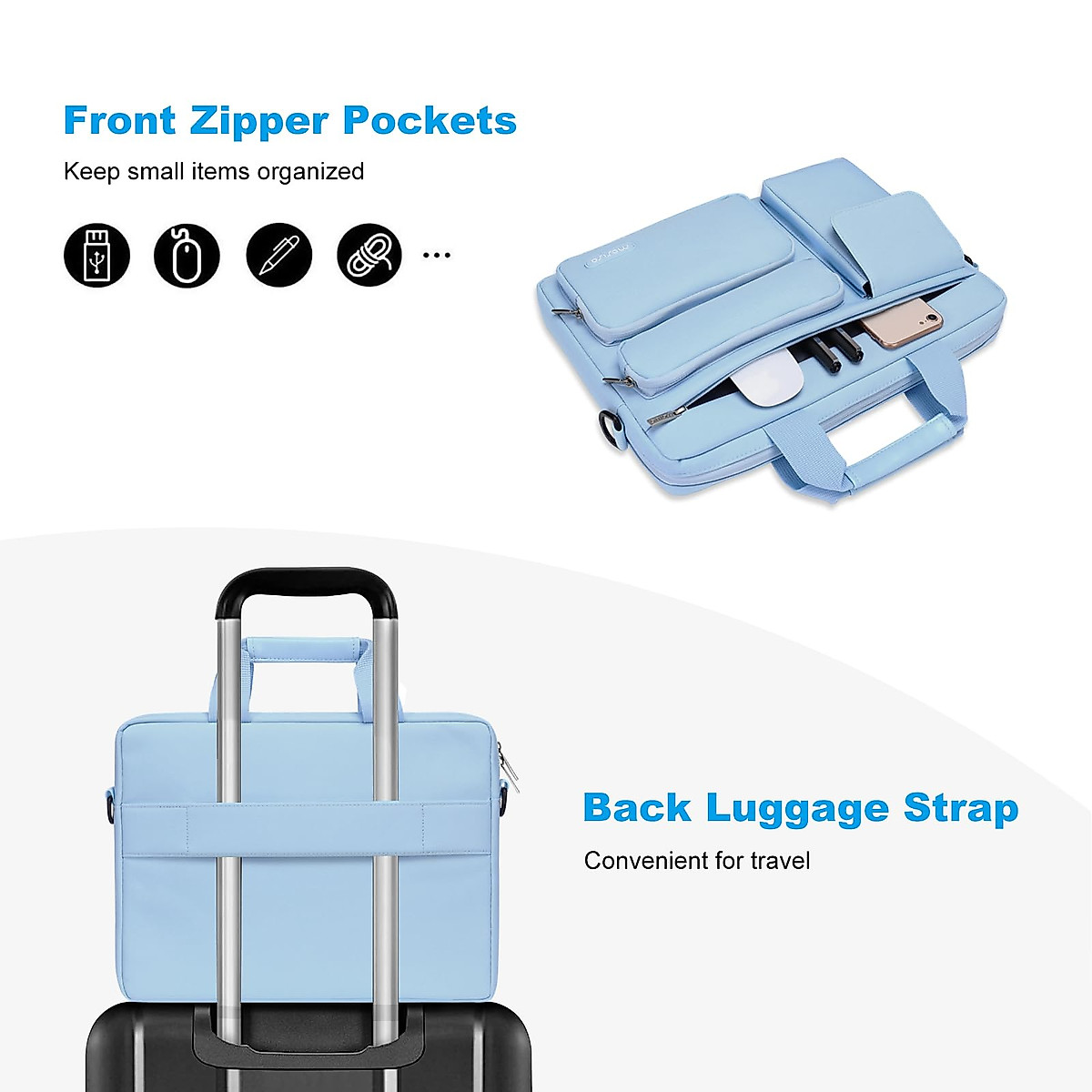 MOSISO Laptop Shoulder Bag Compatible with MacBook Air 15 M3 M2 2024 2023/Pro 16 inch M4 M3 M2 M1,15-15.6 inch Notebook with 2 Raised&1 Flapover&1 Horizontal Pocket&Handle&Belt, Airy Blue