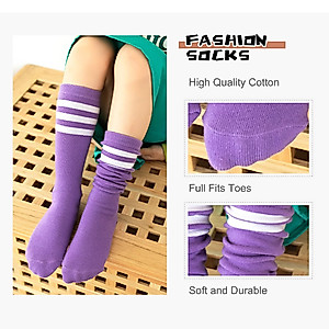 DOOVID Kids Soccer Socks Three Stripes Knee High Tube Socks Cotton Sports Socks Uniform Stocking for Toddler Boys Girls Purple White