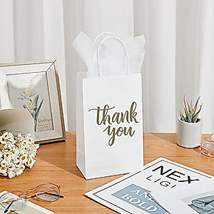 DjinnGlory 50 Pack Small White Thank You Paper Gift Bags with Handles and 24 Sheets Tissue Paper for Small Business, Shopping, Wedding, Baby Shower, Party Favors (Small 9''x5.5''x3.15'', White)