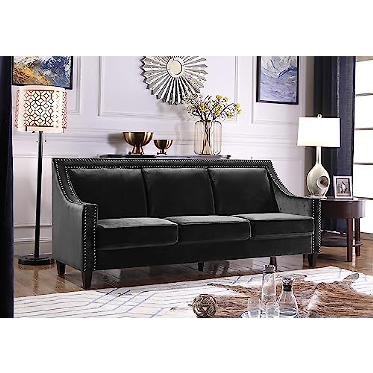 Iconic Home Camren Sofa Velvet Upholstered Swoop Arm Silver Nailhead Trim Espresso Finished Wood Legs Couch Modern Contemporary, Black