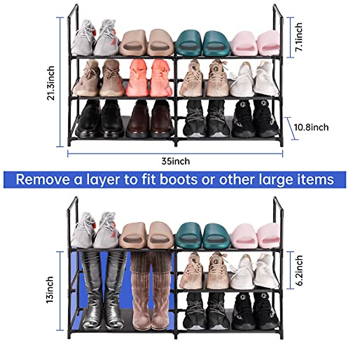NiHome 3-Tier Shoe Rack Sturdy Durable Metal Shoe Organizer 12 Pairs Space Saving Shoe Tower Shoe Stand Shoe Shelf Non-Woven Fabric for Closet Hallway Entryway Living Room Bedroom (Black)