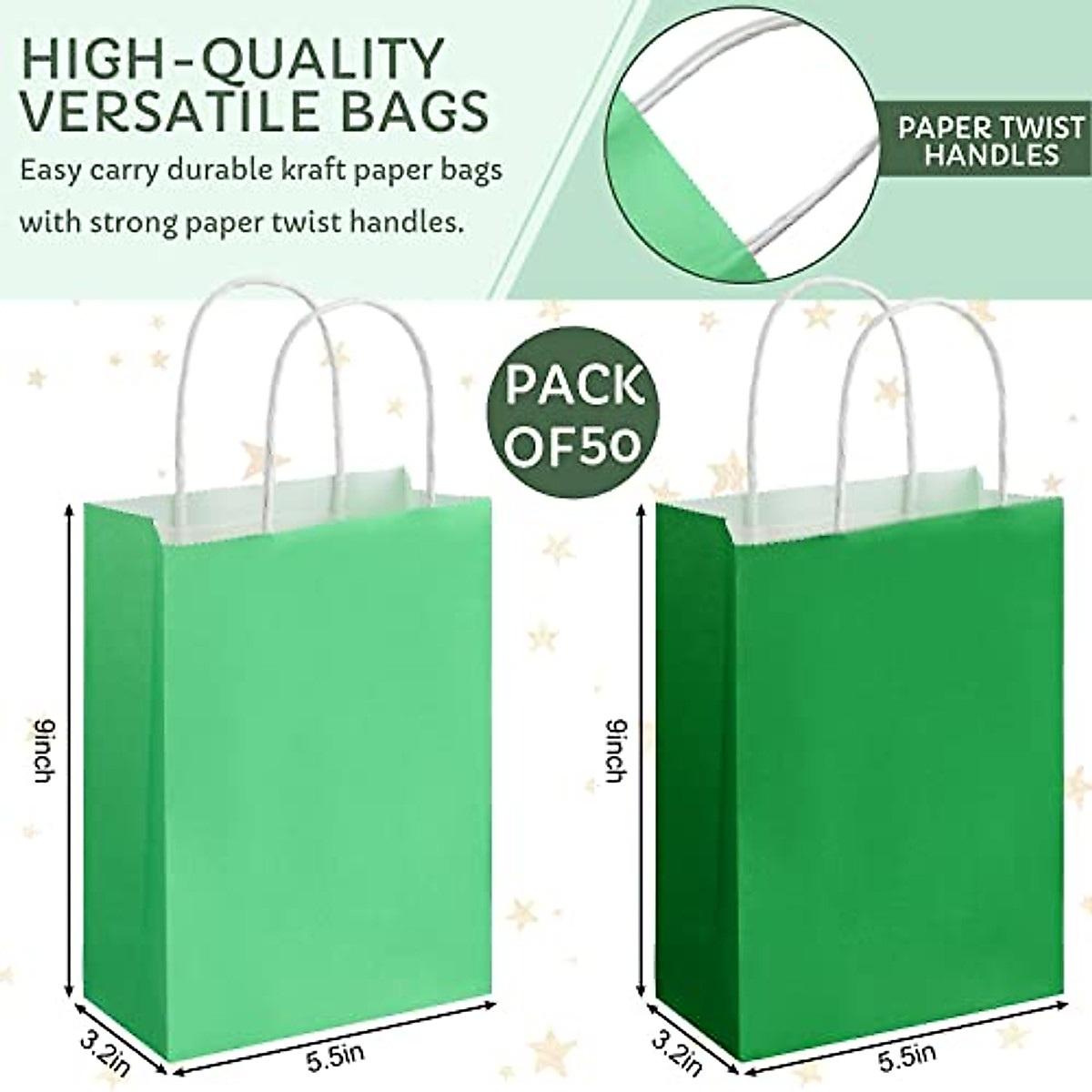 50 Pcs Green Gift Bags 6 x 8.2 x 3.1 Inches St. Patrick's Day Medium Green Paper Bags with Handles Kraft Paper Shopping Bags Gift Wrap Bags Green Party Favor Bag for Wedding Birthday Retail Supplies