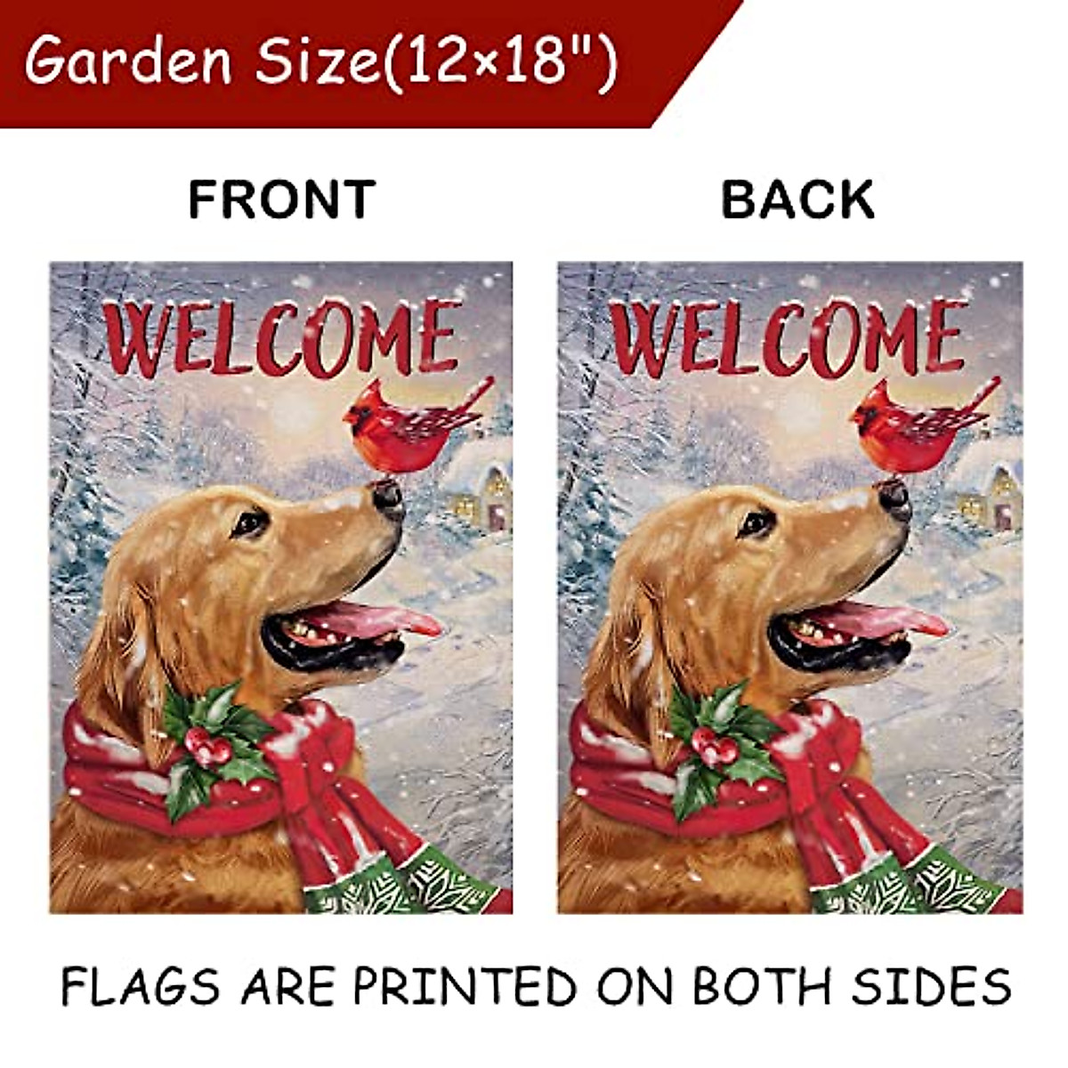 Selmad Welcome Winter Golden Retriever Dog Decorative Burlap Garden Flag, Puppy Cardinal Pet Home Yard Small Outdoor Decor, Christmas Snowy Outside Decoration Double Sided 12 x 18