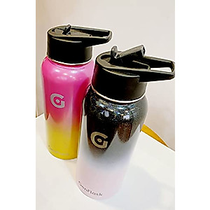 GenFlask 32oz insulated vacuum Stainless Steel ombre water bottle - Wide mouth straw lid leakproof tumbler (Black-Baby-Pink)