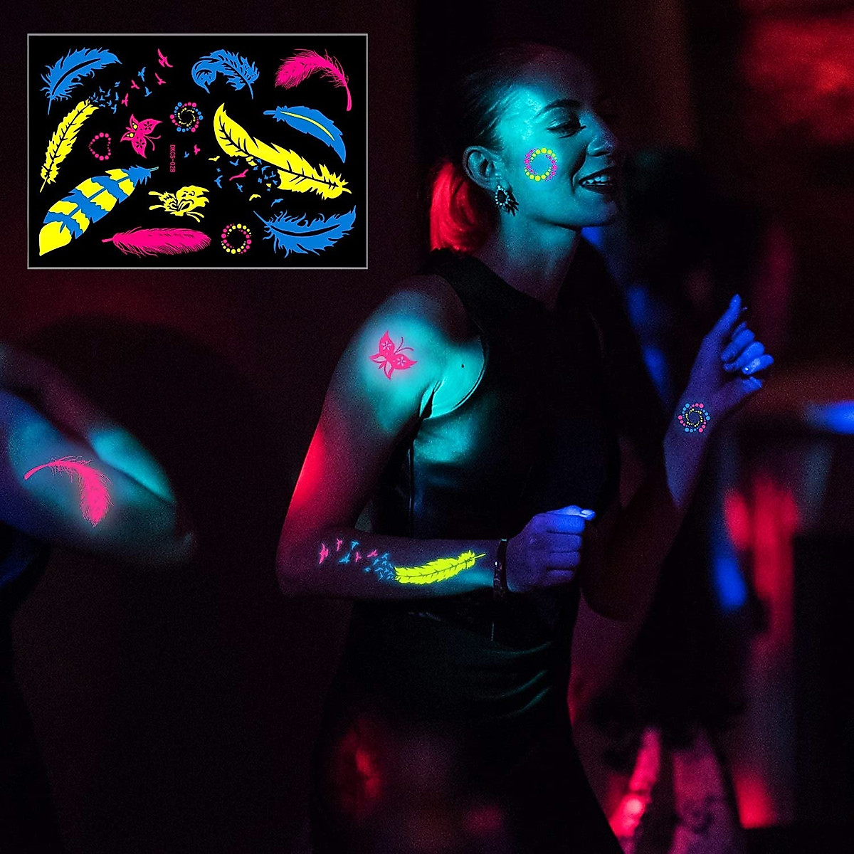 8 Large Sheets Neon Temporary Tattoos Glow In The Dark Neon Tattoos for Party Decoration Fake Tattoos UV Blacklight for Adults Kids Birthday Party Decoration