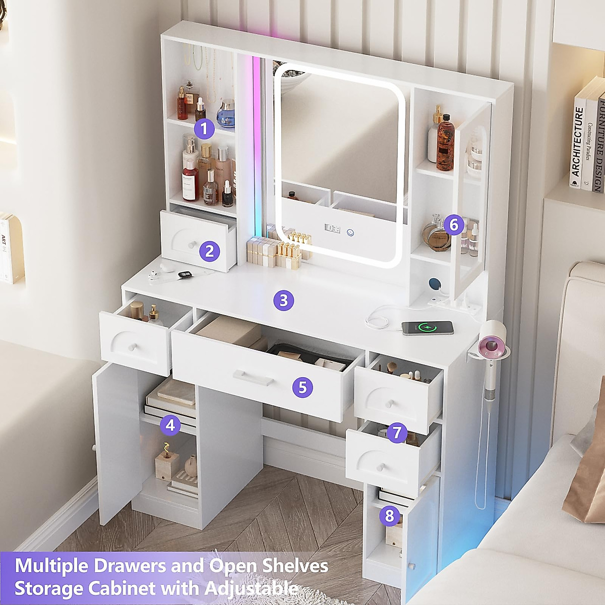 White Vanity Desk with Mirror and Lights,Makeup Vanity with RGB Lights and Power Strip,Makeup Desk Vanity Table with 5 Drawers Lots Storage & Time Display,3 Lighting Modes LED Lighted Mirror,41.3in(L)