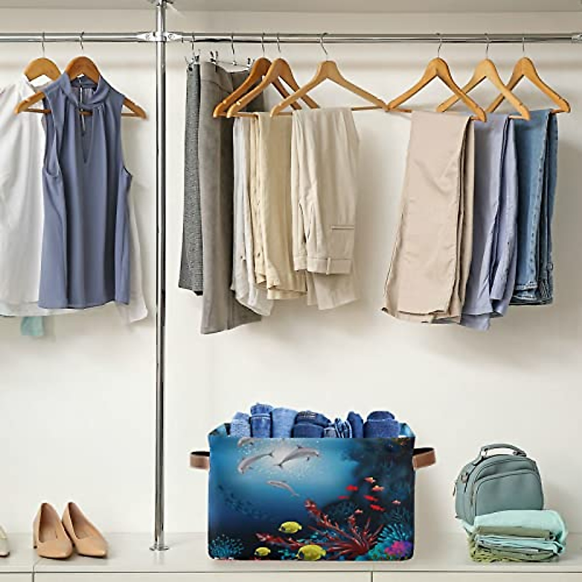 Sea Ocean Animal Dolphin Fish Storage Bin Canvas Toys Storage Basket Bin Large Storage Cube Box Collapsible with Handles for Home Office Bedroom Closet Shelves,1 pc