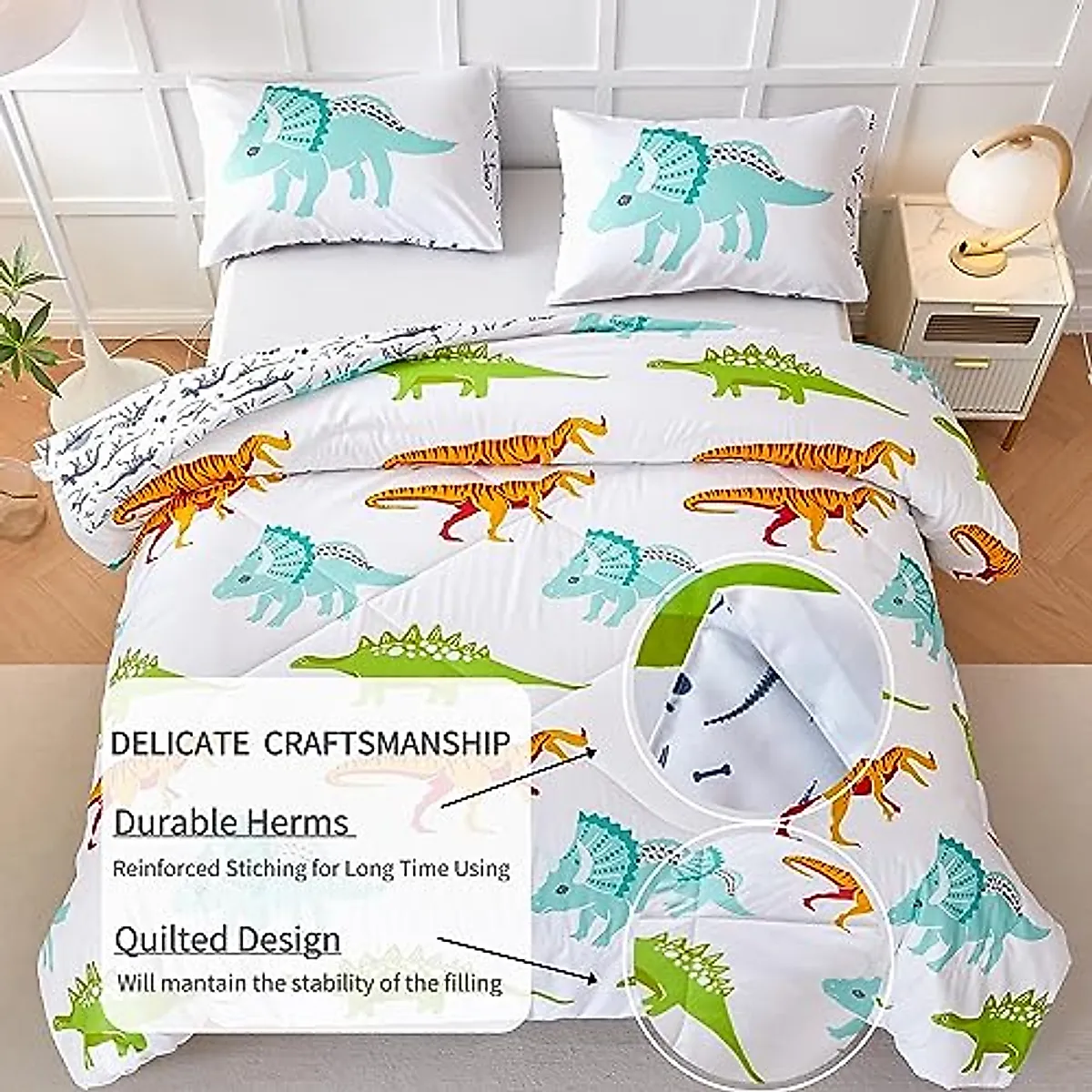 RYNGHIPY Dinosaur Comforter Set for Kids Boys Girls Dinosaur Bedding Set with 2 Pillowcases Soft Breathable Microfiber Comforter Sets for All Season (White,Twin)