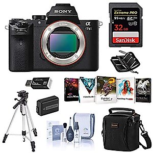 Sony Alpha a7II Mirrorless Digital Camera, 24.3MP, Bundle with Camera Holster Case, 32GB Class 10 SDHC Card, Spare Battery, Tripod, Cleaning Kit, Card Reader, Card Wallet, HDMI Cable
