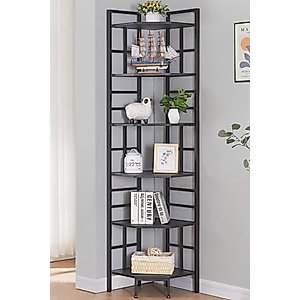 HOMISSUE 6 Tier Industrial Corner Shelf Unit, 76.9” Tall Corner Bookcase Storage Display Organizer Storage Stand for Home Office, Black