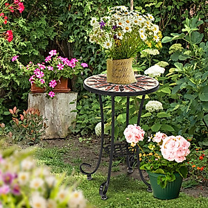 VINGLI Mosaic Outdoor Side Table, 14" Round End Table, Accent Table, Ceramic Tile Top Black Iron,Brown Flower
