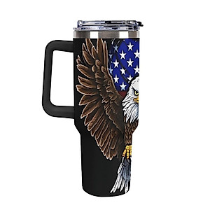 USA Flag Patriotic Eagle Insulated Stainless Steel Travel Mug, 40 Oz Tumbler with Handle And Straw Double-Wall Vacuum Coffee Cup, Leak-Proof Lid, Keeps Drinks Hot/Cold for Hours