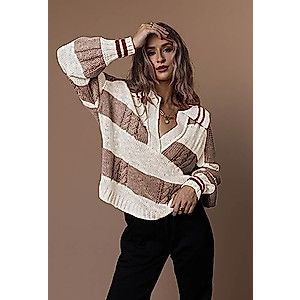 Women's 2023 Fall Casual Oversized Pullover Sweaters Lapel Collar V Neck Long Sleeve Cable Knit Striped Jumper Top Brown L