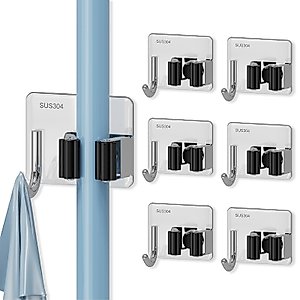 3-H 6 Pack Broom Hanger Wall Mount,Broom Holder Stainless Steel,Broom Holder Wall Mount Self Adhesive,Broom Organizer Storage Tool Racks for Home Kitchen Garden Laundry Garage(Silver)